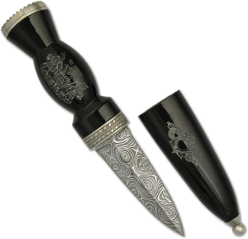 8.25" Scottish Dirk Dagger Damascus Etched Black Fixed Blade Historic ...