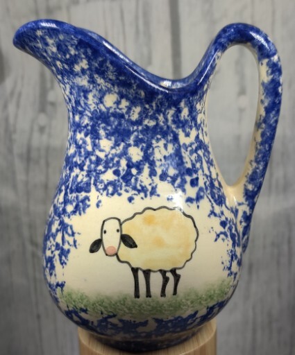 Molly Dallas Blue Spatterware USA Sheep Pitcher 5.5” Folk Art Pottery ...