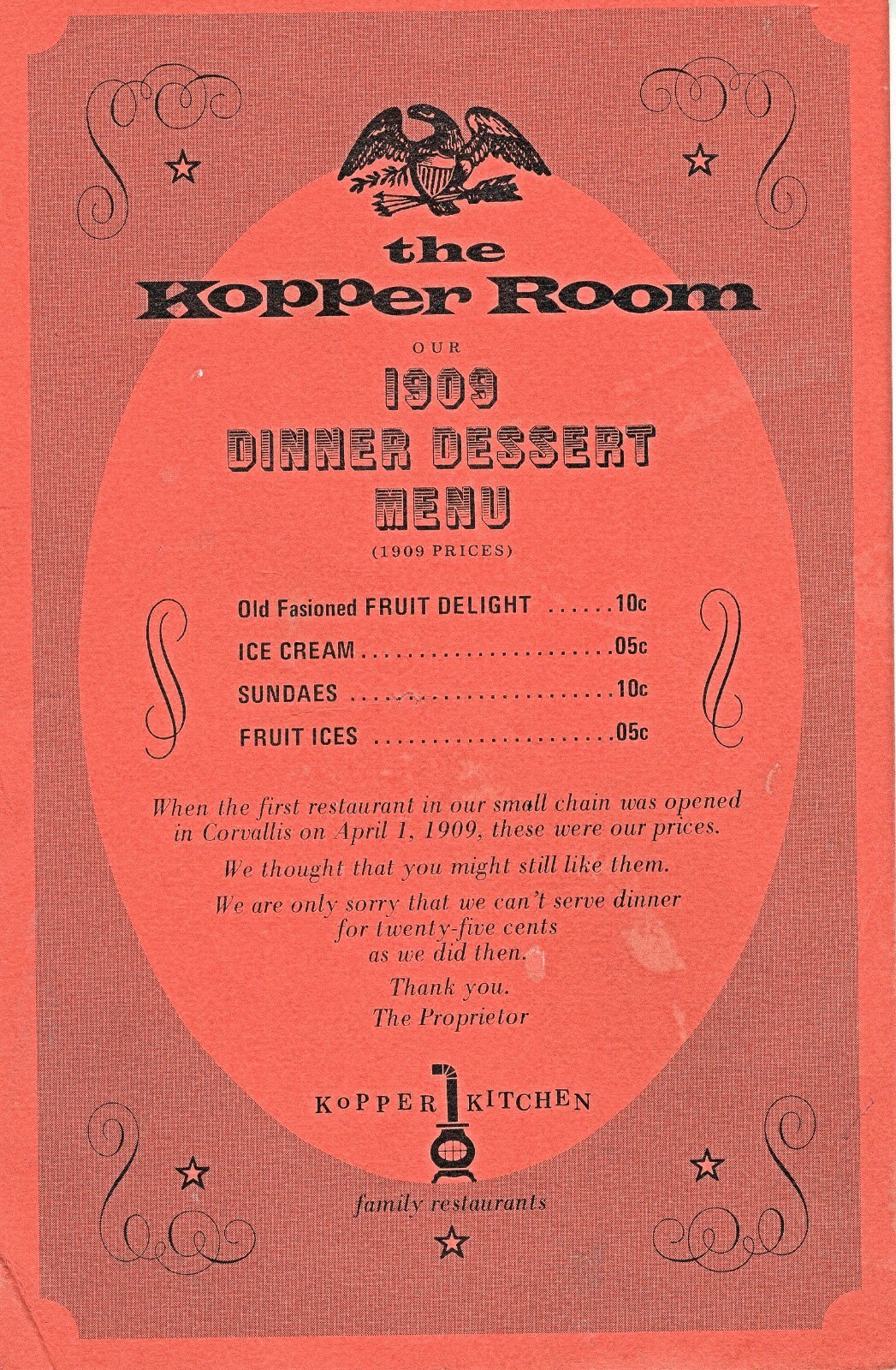c2009 Kopper Room Restaurant 1909 Dessert Menu Medford Corvallis OR | eBay