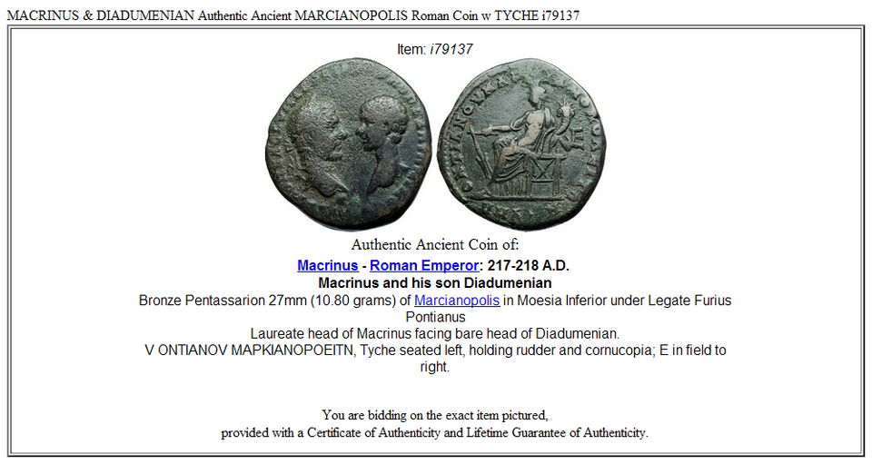 MACRINUS & DIADUMENIAN Authentic Ancient MARCIANOPOLIS Roman Coin w ...
