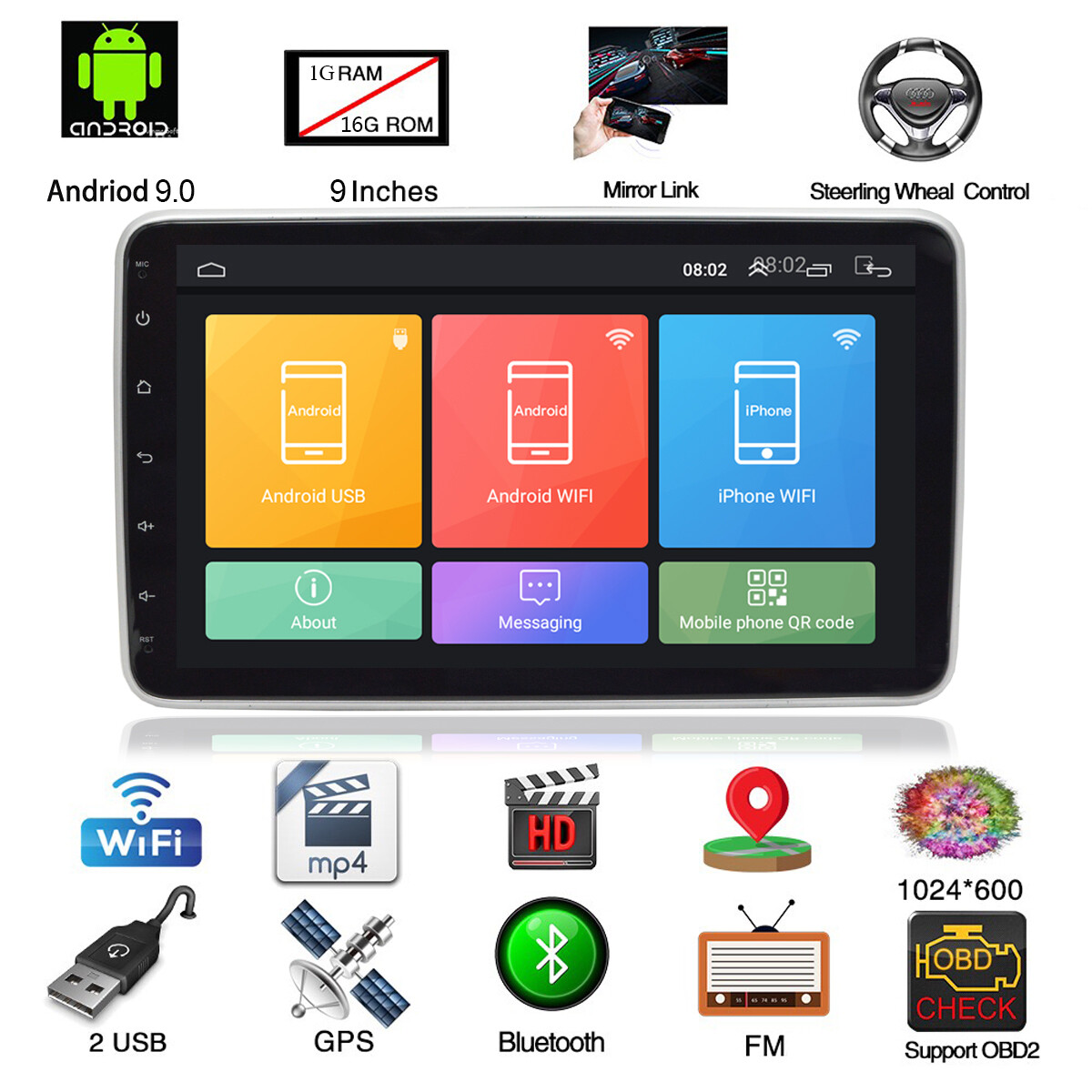 9" Rotatable Touch Screen Android 9.0 Quad Core Car Stereo Radio Video ...