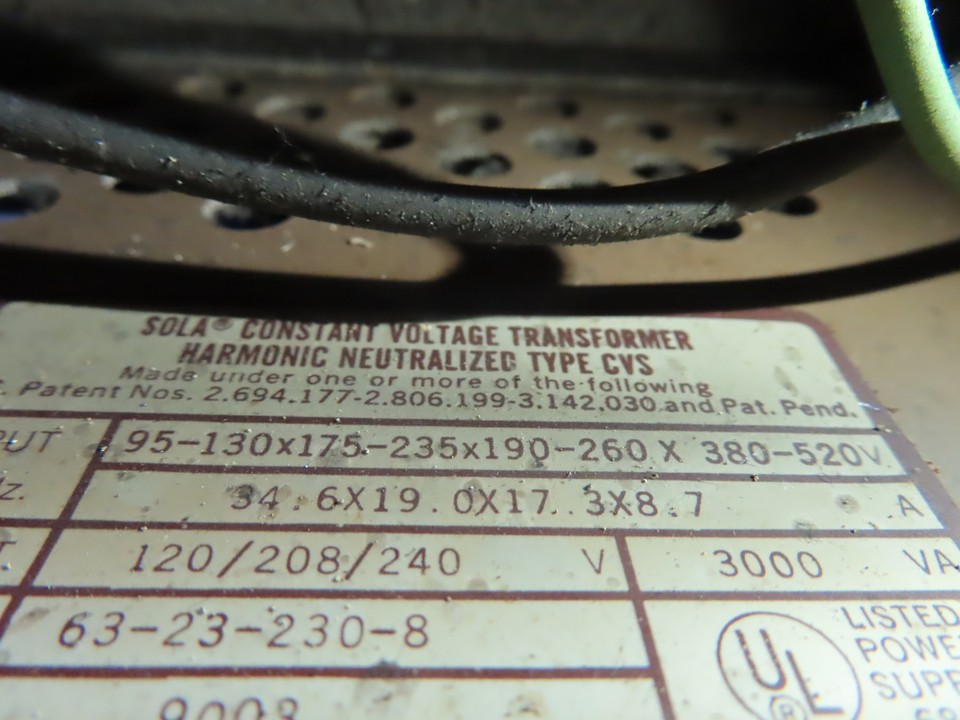 EMERSON SOLA 3000VA TRANSFORMER 63-23-230-8 480HV/120LV 1YEAR WARRANTY ...