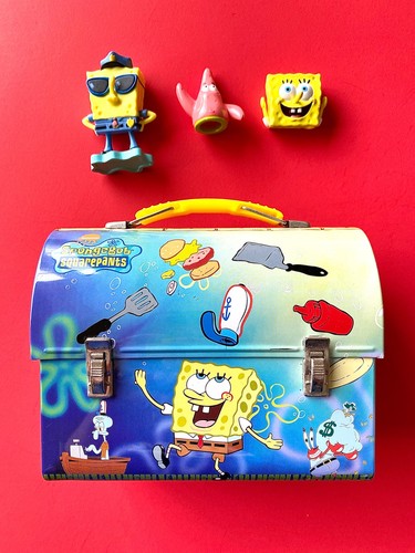 2001 Nickelodeon SPONGEBOB SQUAREPANTS Domed LUNCH BOX w/3-Figurines ...