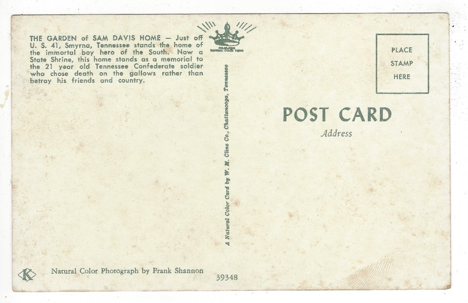 Postcard Chrome Sam Davis Memorial Home Gardens Smyrna TN W. M. Cline ...