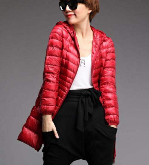 Women's Down Coat Hooded Mid Length Jacket Slim Fit Zipper Oversize ...