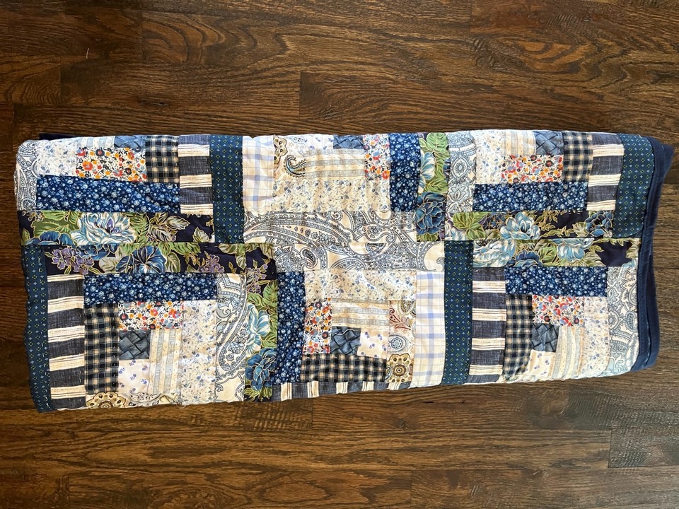 Various Blue and White Homemade Log Cabin Quilt - 59" x 49" - Hand ...