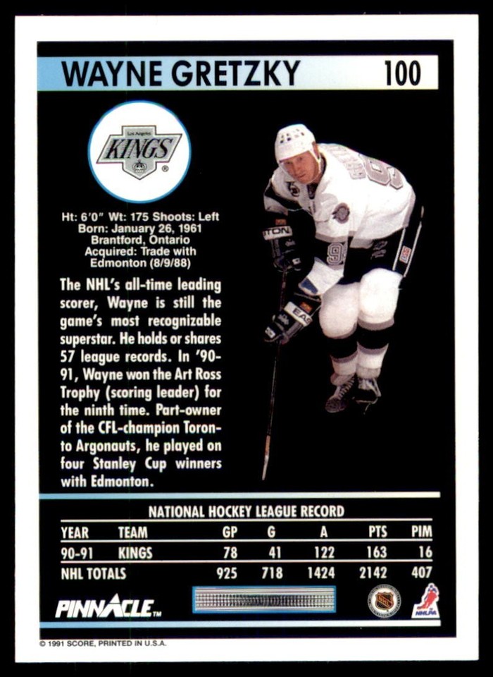 1991-92 Pinnacle WAYNE GRETZKY Los Angeles Kings HOF #100 | eBay
