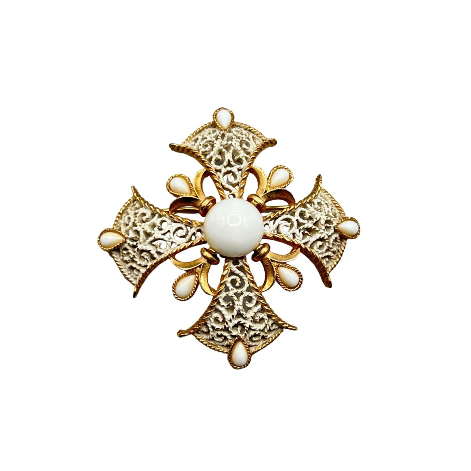 Vtg Signed Trifari Maltese Cross Pin Brooch White Ena… - Gem