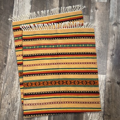 Zapotec Oaxaca Wool Rug 24x60" Hand Made Woven Orange Rasta Geometric ...