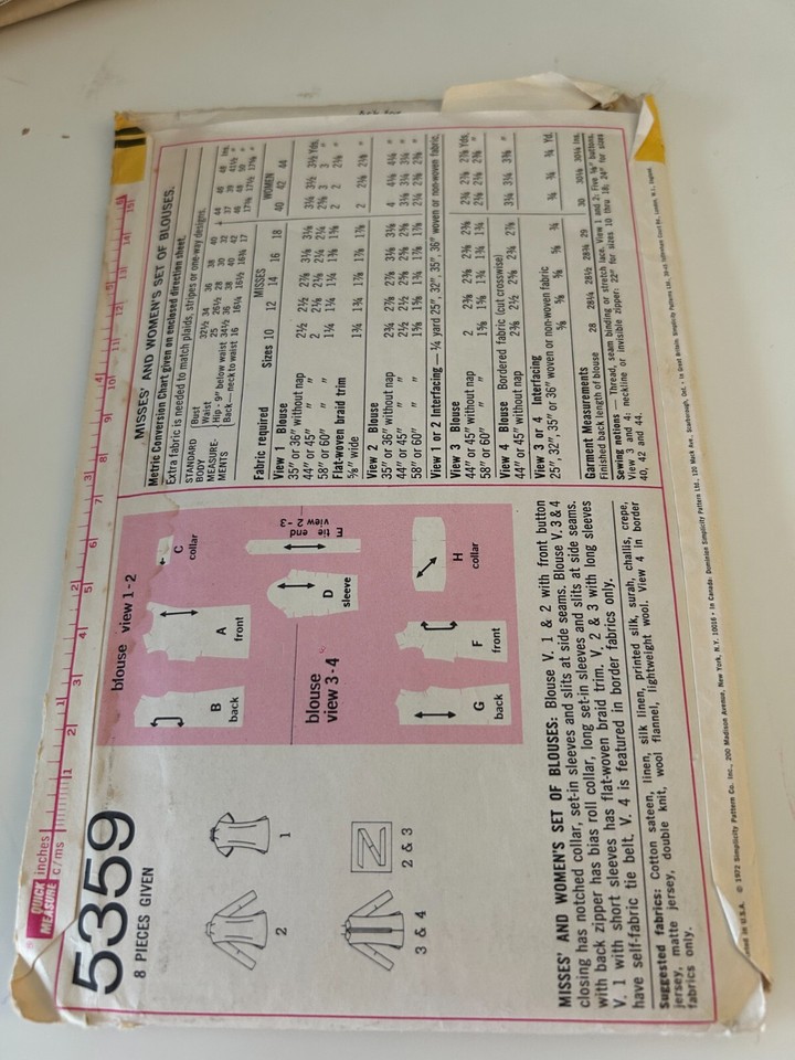 Simplicity 5359 Size 16 Misses & Women's Set of Blouses Sewing Pattern ...