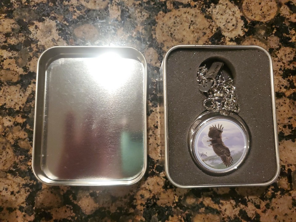 Collectible Eagle Pocket Watch Majestic Flight Al Agnew in Tin By Avon ...