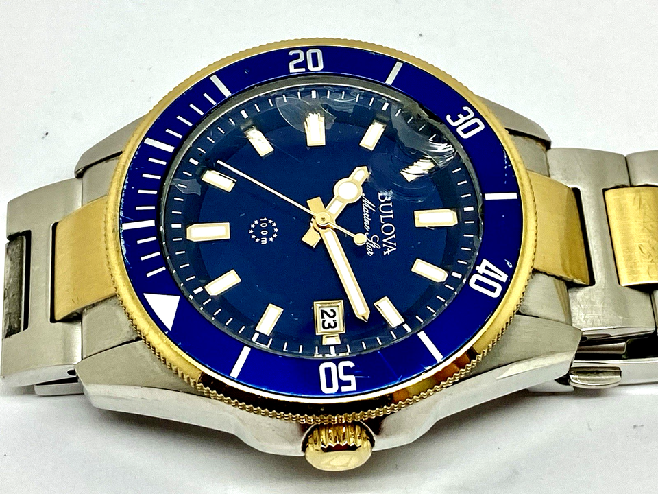Bulova 98B334 Men's Watch Marine Star Date Blue Dial 43mm CHIPPED NEW ...
