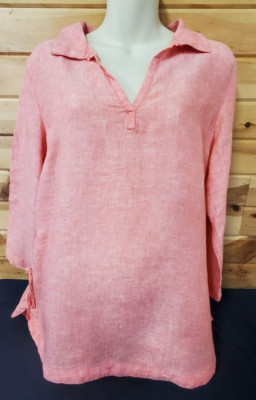 Sigrid Olsen 100% Linen Orange Pink Blouse small 3/4 Sleeves side ties ...