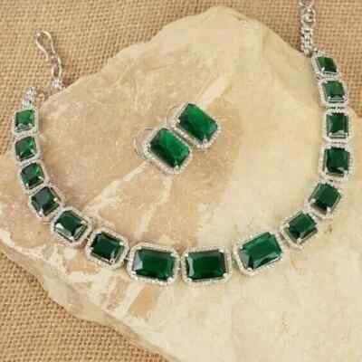 15Ct Emerald Cut Lab Created Green Emerald Necklace Set In14K Wh Gold ...