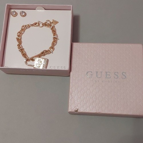 Guess Padlock Pad Lock Chain Bracelet and Stud Earrings Set Gold Tone ...