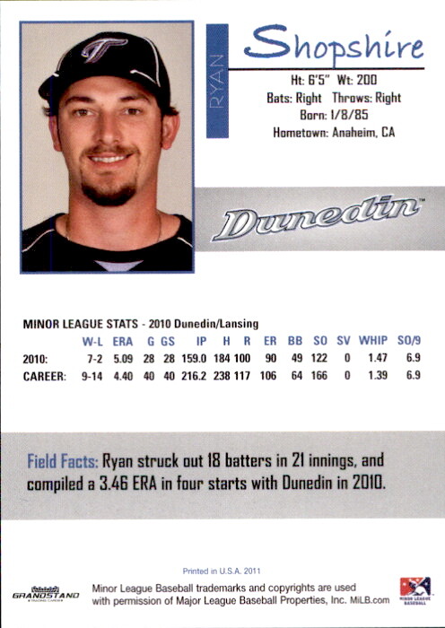 2011 Dunedin Blue Jays Grandstand #26 Ryan Shopshire Anaheim California ...