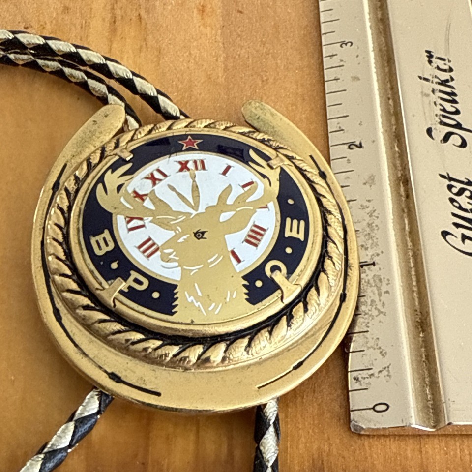 BPOE Elks Bolo Tie Deer Clock Horseshoe Western Golden Black Rope Slide ...