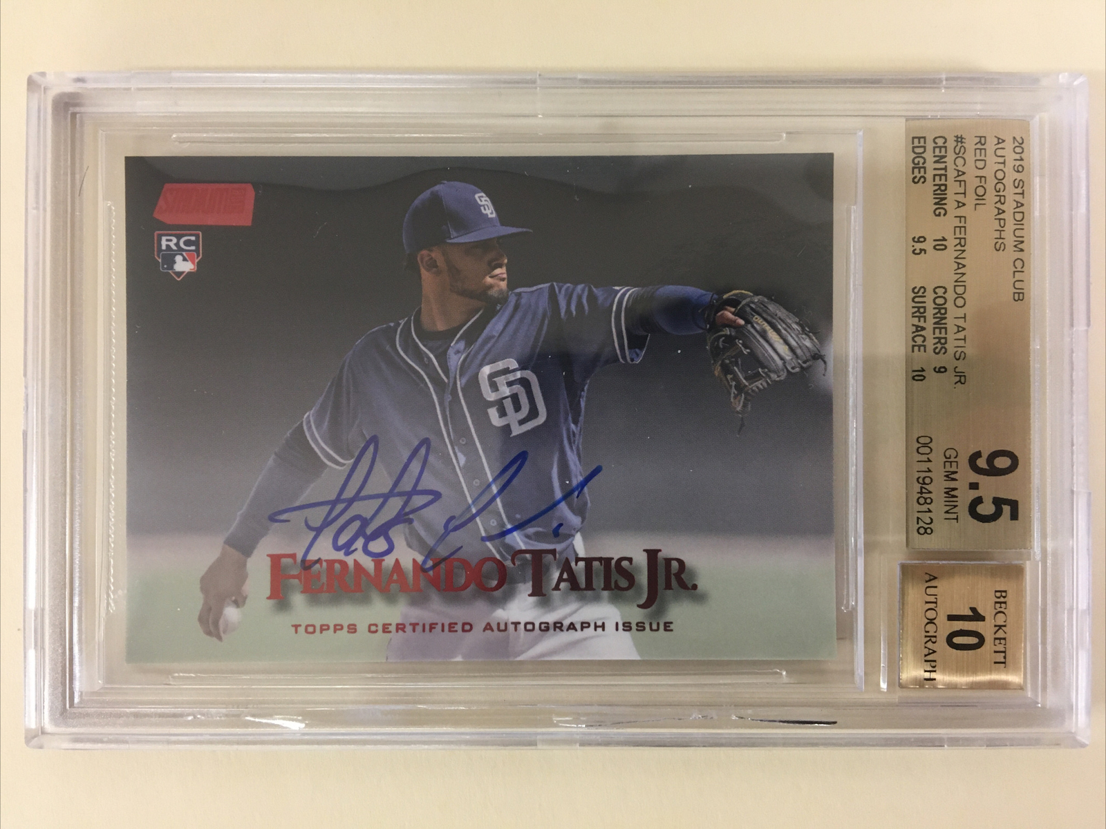 Fernando Tatis Jr 2019 Stadium Club Rookie Auto BGS 9.5 /10 Autograph ...