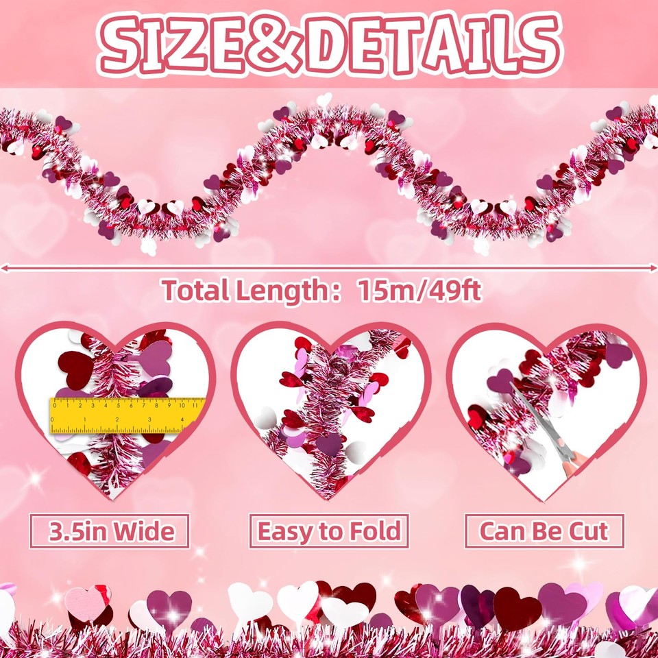 50 FT Valentines Day Heart Tinsel Garland, Red Pink White Metallic ...