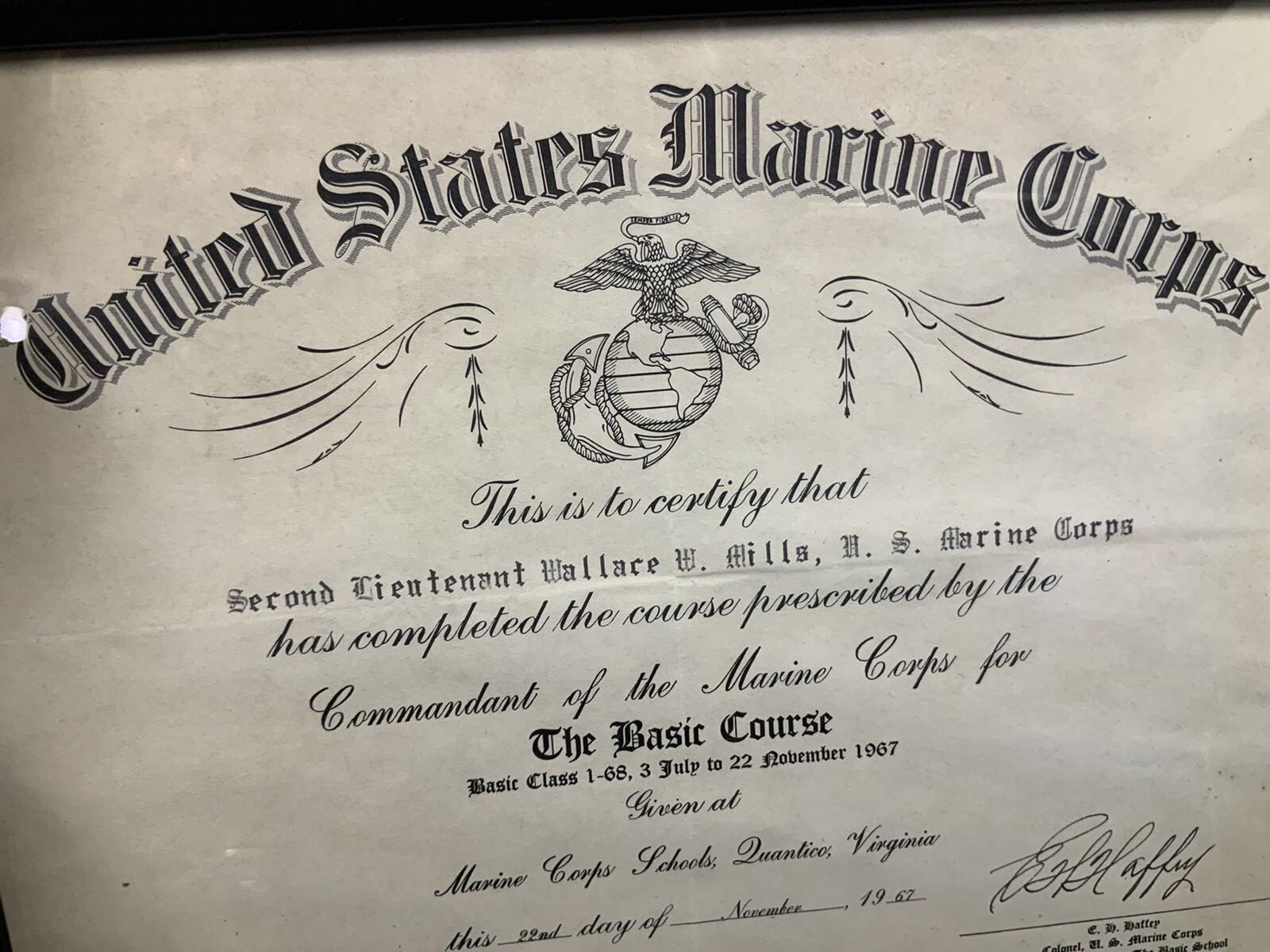 1967 United States Marine Corps The Basic Course Certificate NAVMC 184 ...
