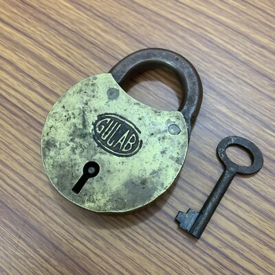 Brass Padlock lock with key, old or antique, with copper shackle, rich ...