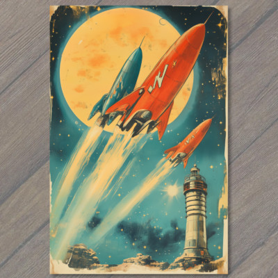 POSTCARD Sci Fi Spaceships Mars Canyon Rockets Starscape Futuristic ...