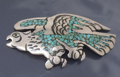 Vintage NAVAJO Sterling Silver EAGLE BlueTURQUOISE Inlay Brooch | eBay