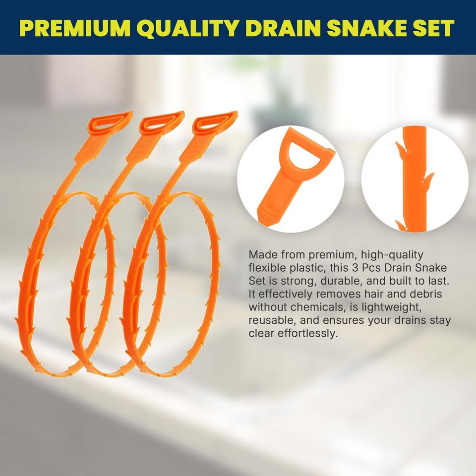 3PC SINK UNBLOCKER TOOL DRAIN UNBLOCKER BATH SHOWER SNAKE CLEANER HAIR ...