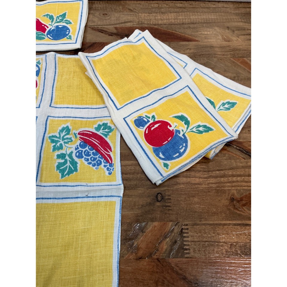 Vintage 6 1950's Linen Napkins Blue Border Fruit Plaid Pattern 15x11 ...