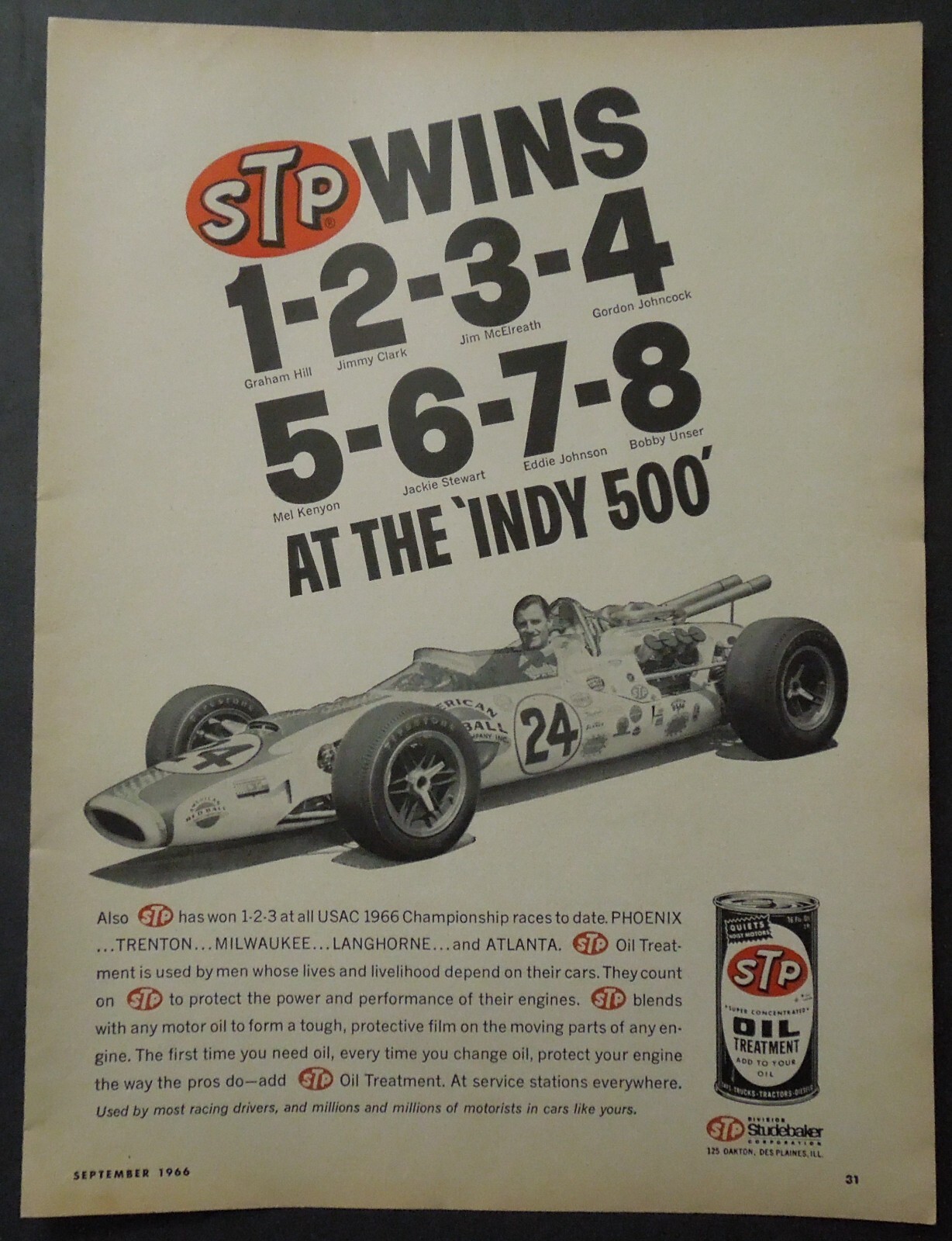 1966 STP Oil Treatment Magazine Ad - STP Wins 1-2-3-4-5-6-7-8 At The ...