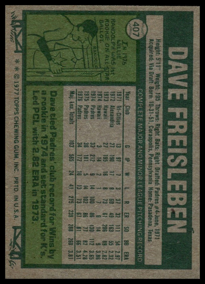 1977 Topps #407 Dave Freisleben | eBay