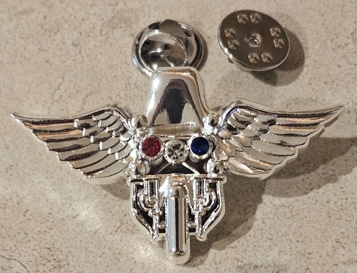 Police Motor Wing pin. Silver metal with red, white and blue rhinestone ...