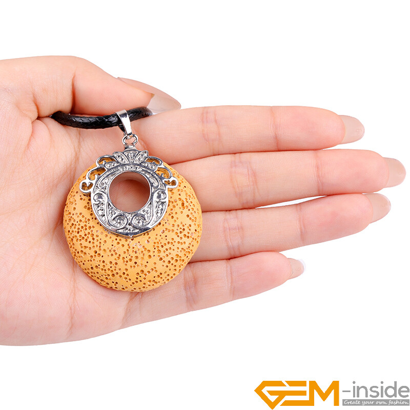40mm Coin Lava Volcanic Sponge Stone Pendant Leather Necklace Fashion ...