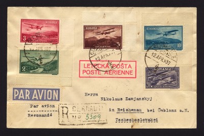 ROMANIA 1937 Reg. Airmail Cover Cernauti Ukraine to CSR, 1931 Corner ...