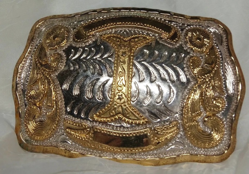 Large "I" Western Belt Buckle - Gold and Silver Tone | eBay