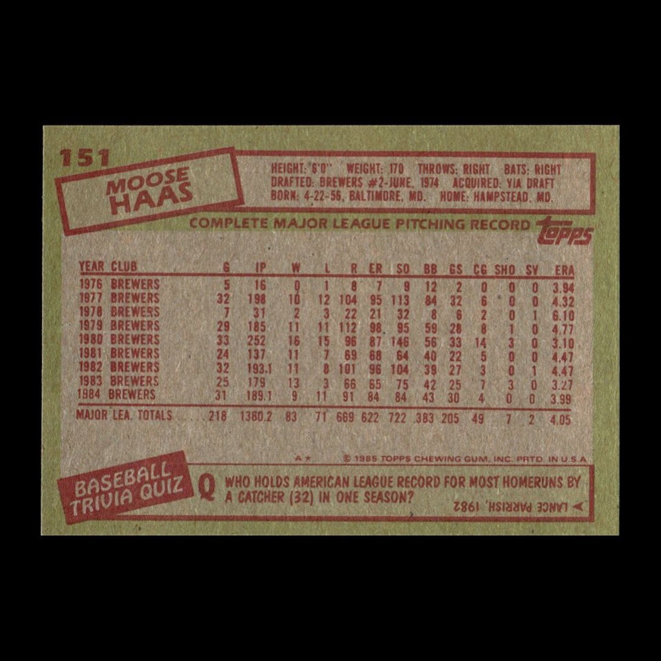 Moose Haas 1985 Topps Milwaukee Brewers #151 R321H 17 | eBay