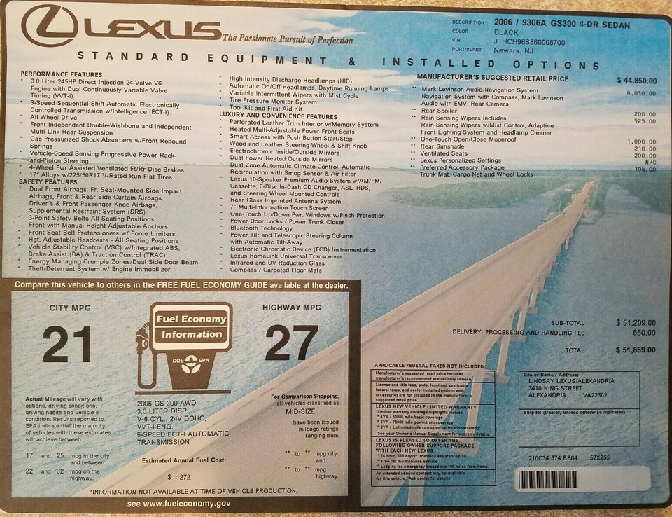 LEXUS ORIGINAL MSRP WINDOW STICKERS (1998-1999-2006-2011) | eBay