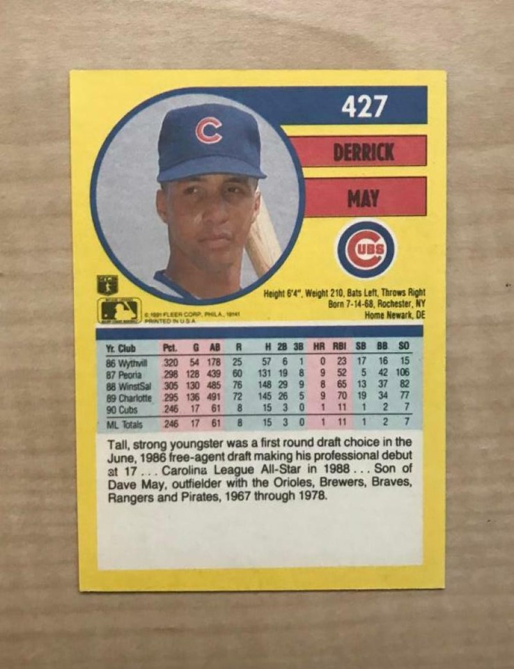 DERRICK MAY CHICAGO CUBS SIGNED AUTOGRAPHED 1991 FLEER CARD #427 W/COA ...