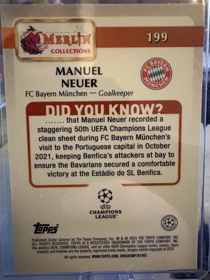Topps Merlin UCC 24/25 Manuel Neuer Blue Speckle /150 Bayern Munich ...