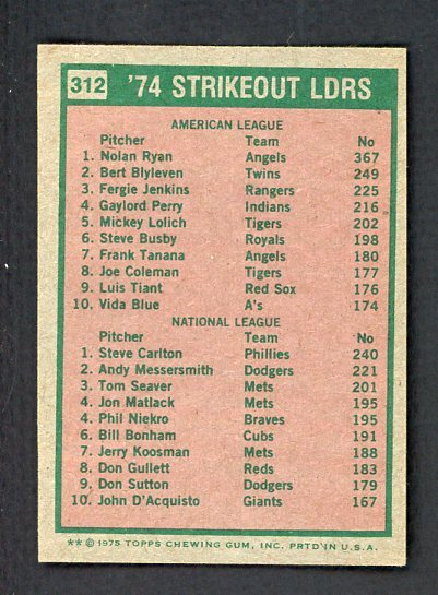 1975 TOPPS MINI #312 STRIKE OUT LEADERS NOLAN RYAN EX-MT 456627 ...