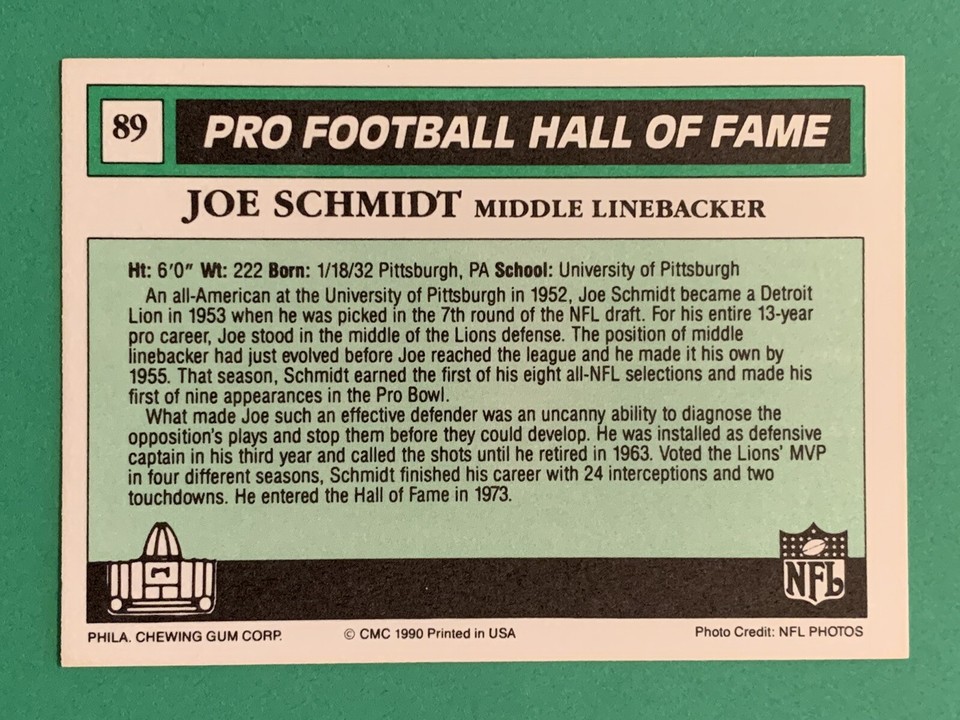 JOE SCHMIDT HOF Signed 1990 Swell Greats #89 Lions Pitt Panthers ...