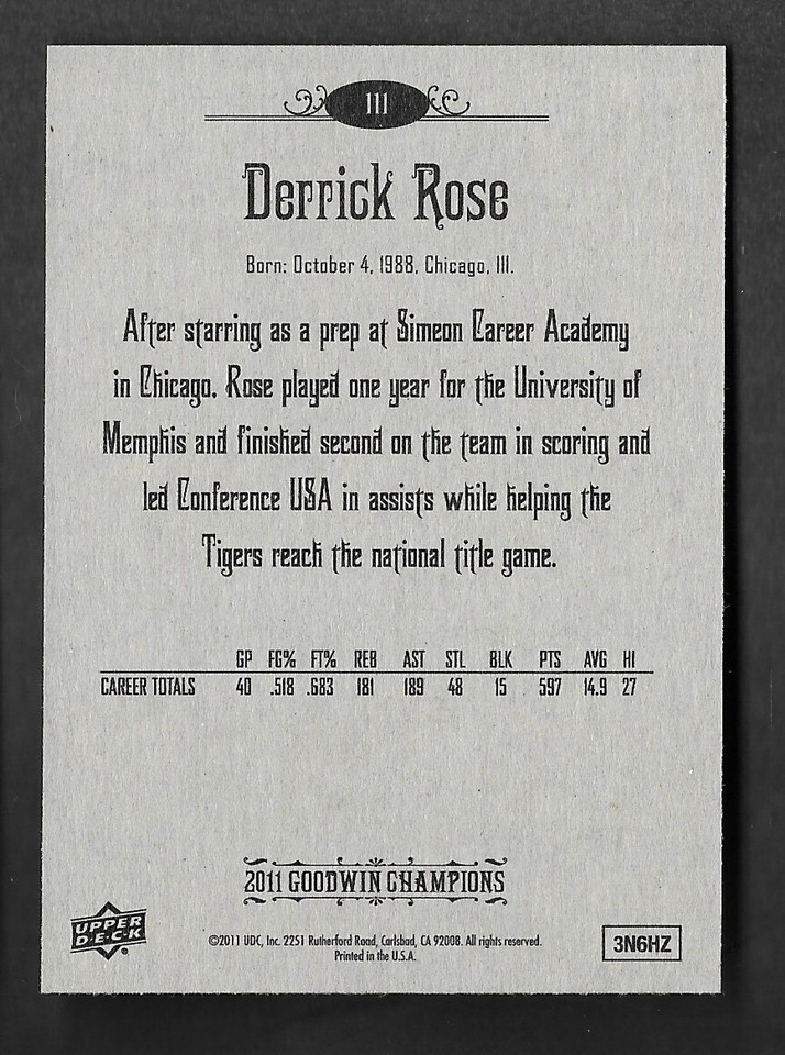 DERRICK ROSE 2011 GOODWIN CHAMPIONS !!! CARD #111 BULLS | eBay