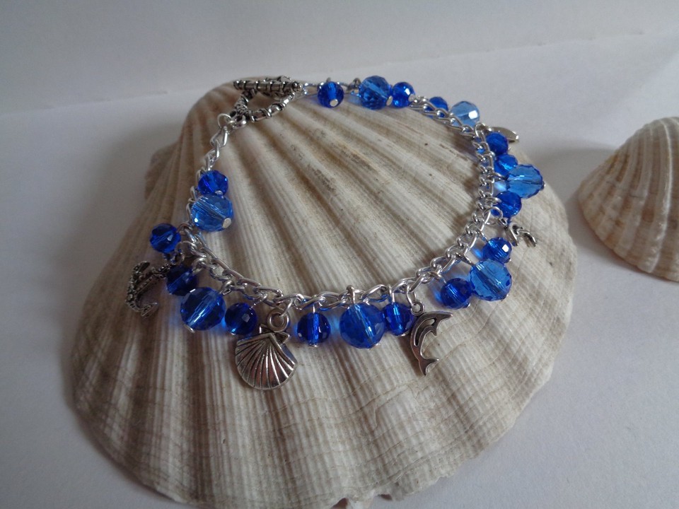 Sea dark blue crystal charm bracelet earrings set dolphin shell anchor ...