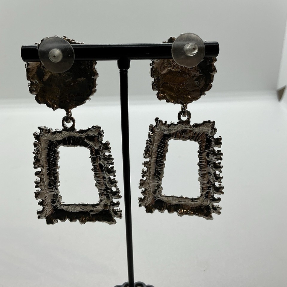 Boho Trendy SilverTone Rough Hollow Metal Rectangle Drop Dangle Pierced ...