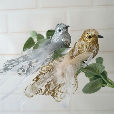Gold Silver Bird Christmas Tree Decoration & Beautiful Lace Feather ...