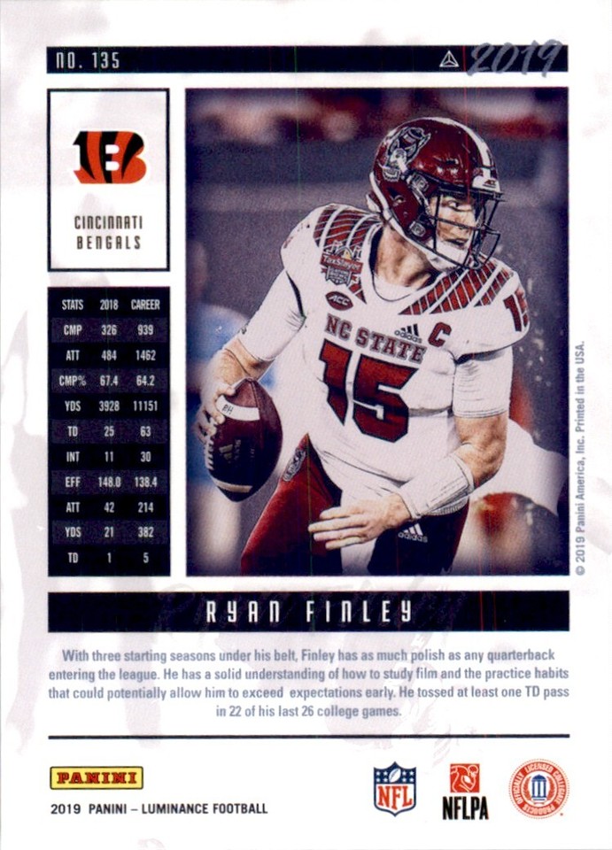 Ryan Finley 2019 Panini Luminance Rookie #135 Cincinnati Bengals NFL ...