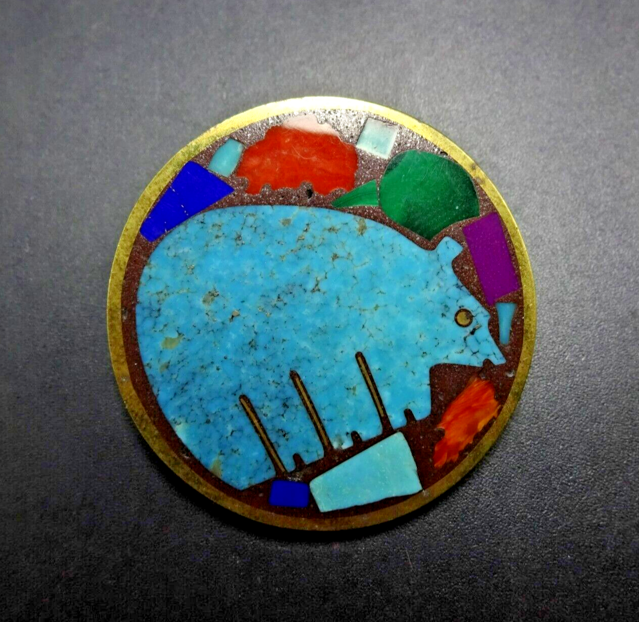 Andrew Shows & Turza Wells HAND CARVED BEAR INLAY PIN/BROOCH set in ...