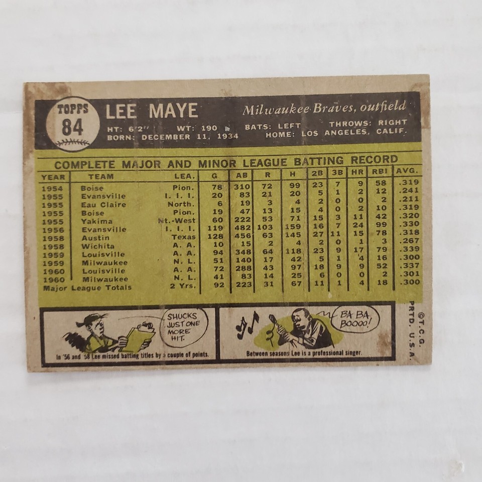 LEE MAYE 1961 Topps Baseball card #84 Milwaukee Braves VG/VG- | eBay
