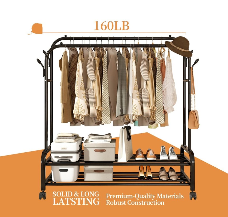 Sturdy Metal Double Rodding Clothes Rack With Wheels, Portable Clothing ...