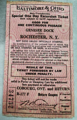 BALTIMORE & OHIO RAILROAD EXCURSION TICKET ROCHESTER NEW YORK 1940 ...